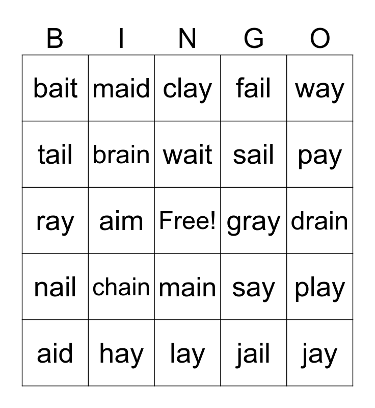 Vowel Teams Ay and Ai Bingo Card