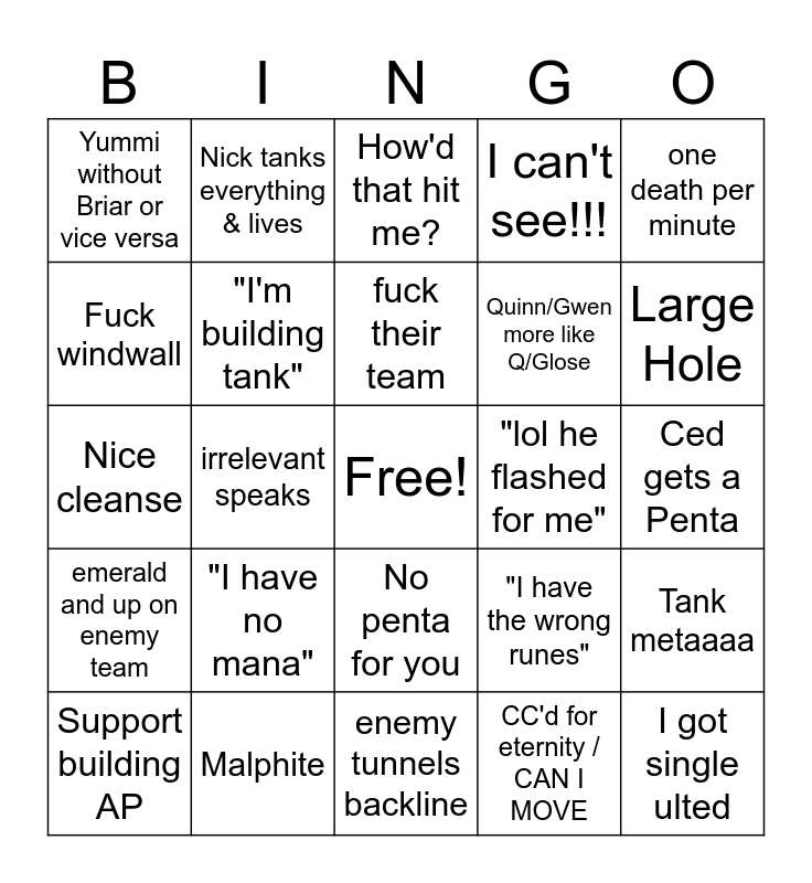 League Bingo Card