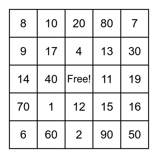 Numbers Bingo Card