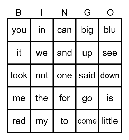 Sight Words Bingo Card
