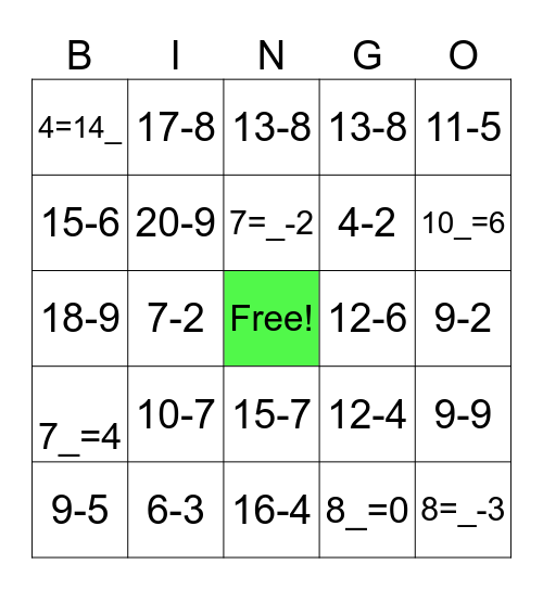1st grade Subtraction Bingo Card