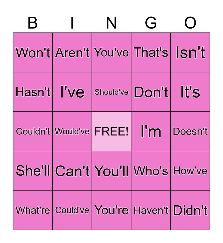 Contractions Bingo Card