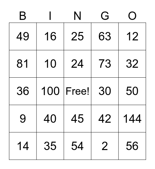 Multiplication Bingo Card