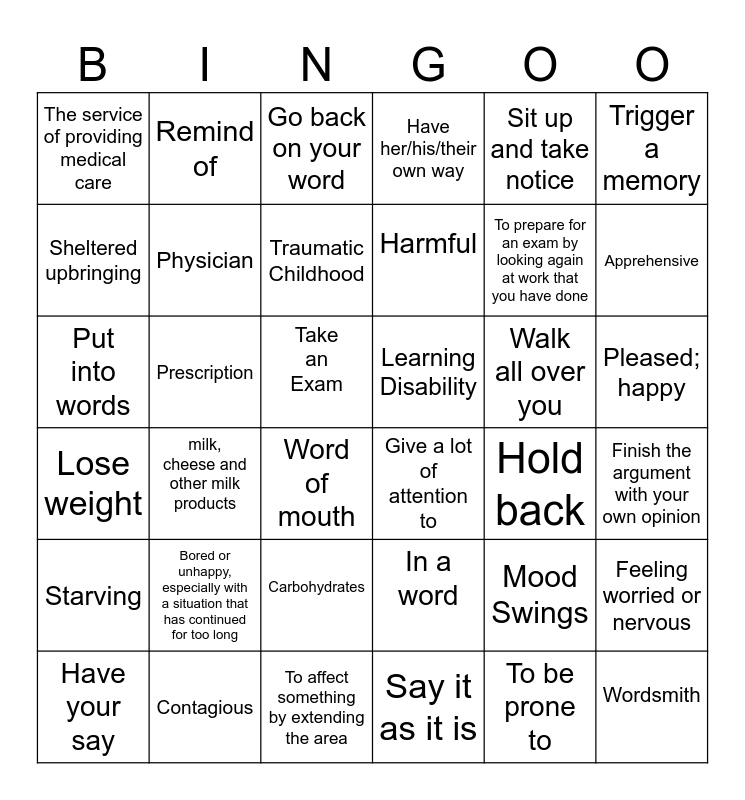 Vocab bingo Card
