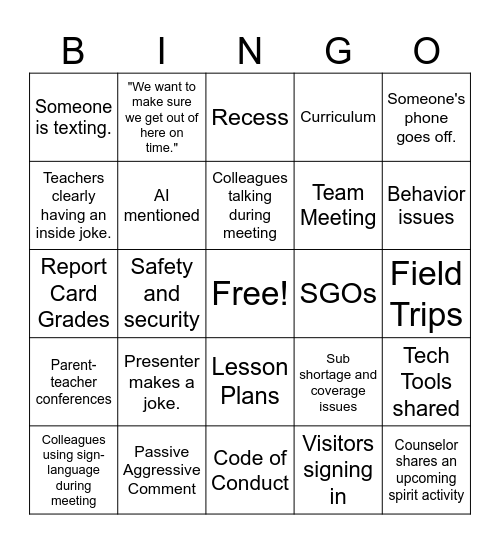 Faculty Meeting Bingo Card