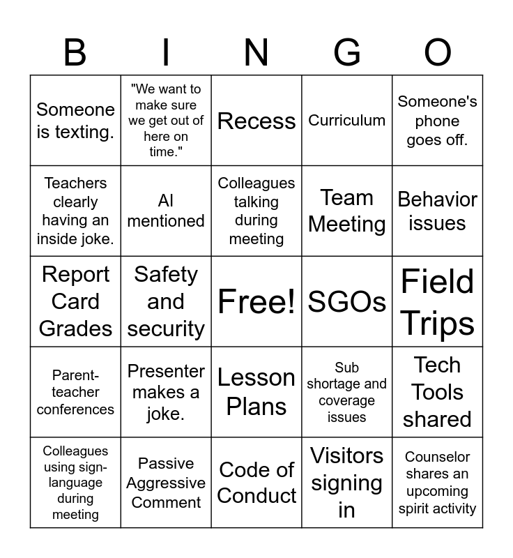 Faculty Meeting Bingo Card