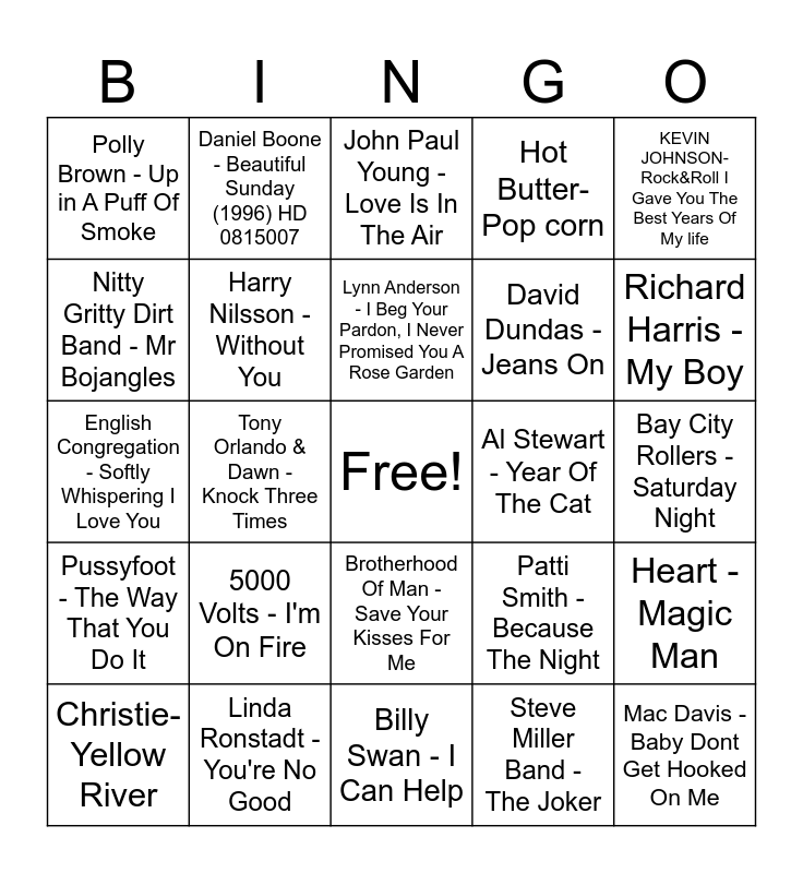 Music Bingo- 70's Bingo Card