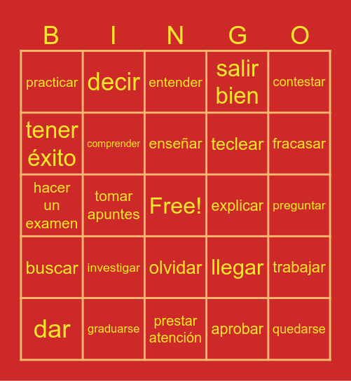 La Educación - Los Verbos Bingo Card