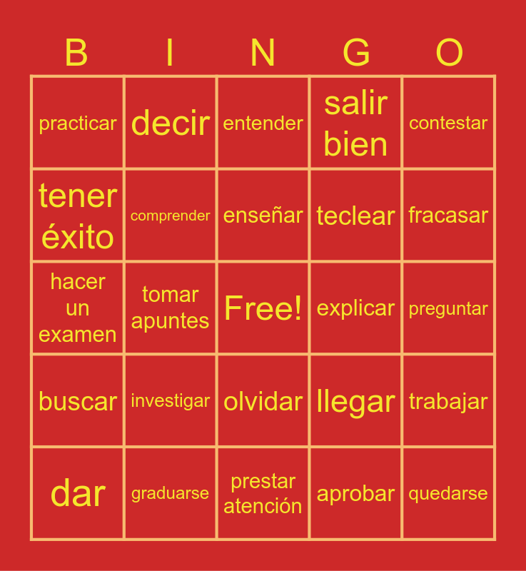 La Educación - Los Verbos Bingo Card