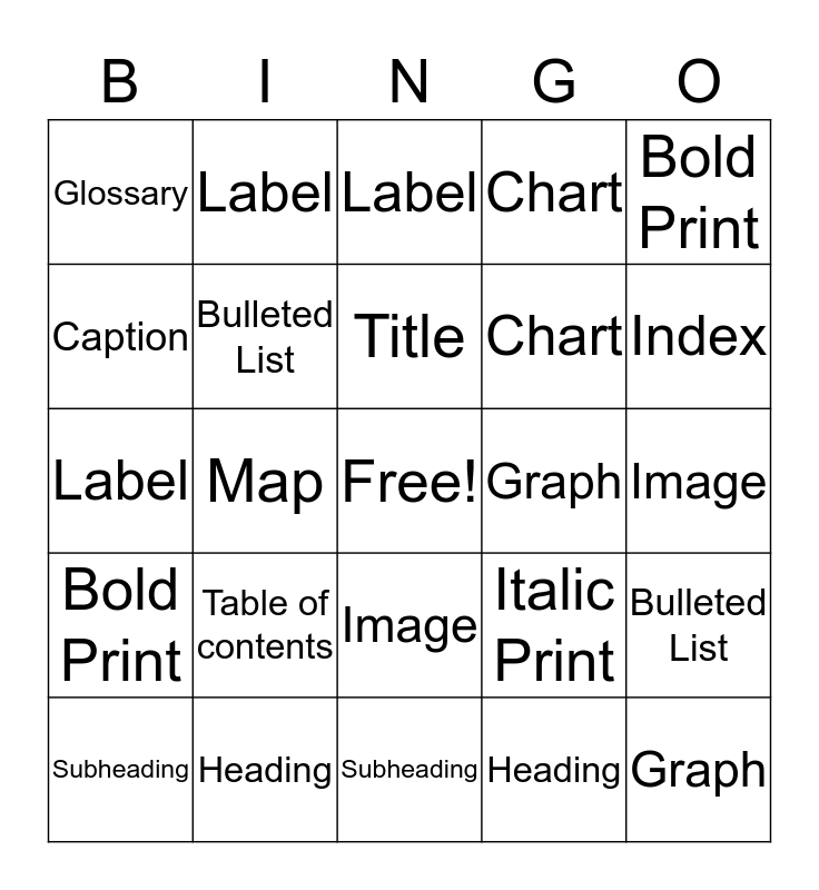 Text Features Bingo Card