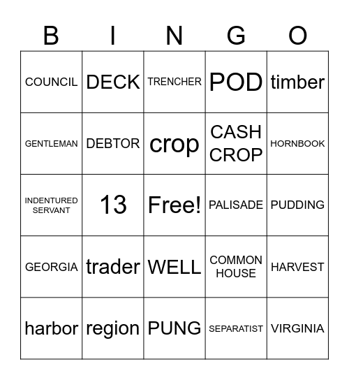 Colonial America Vocabulary Bingo Card