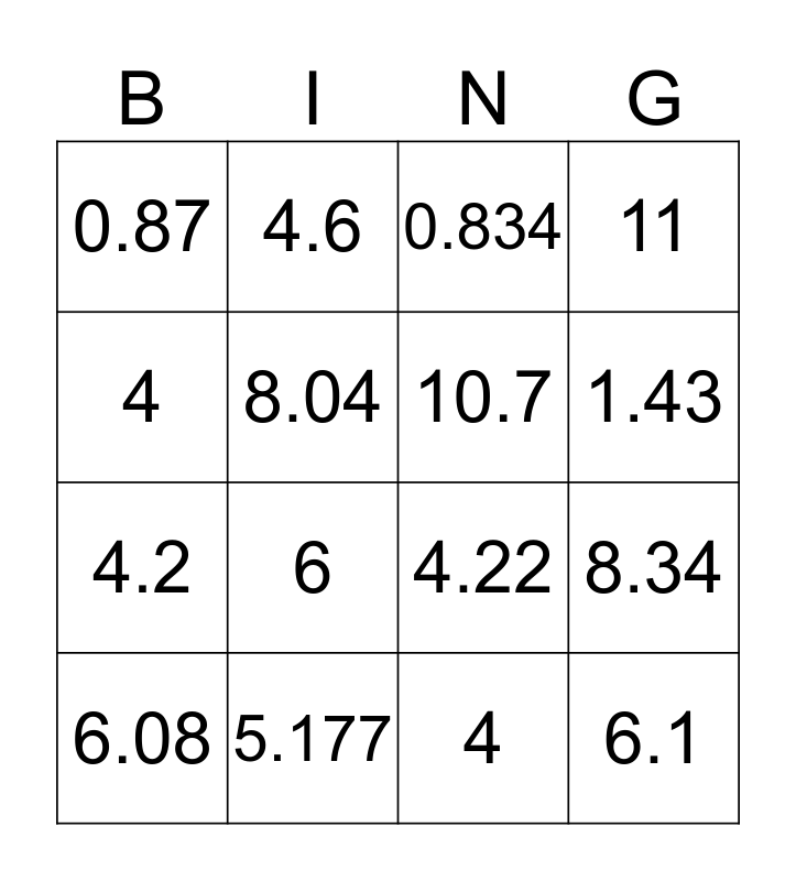 Decimal Bingo Card