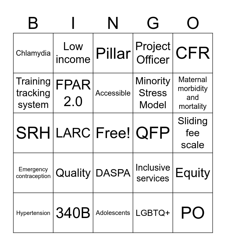 RHNTC Title X Bingo Card