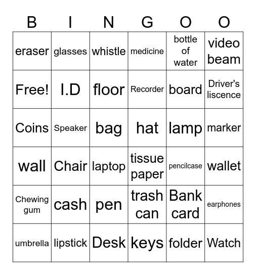 Personal Objects Bingo Card