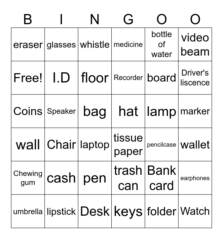 Personal Objects Bingo Card