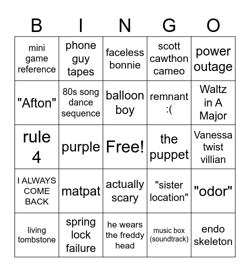 fnaf Bingo Card
