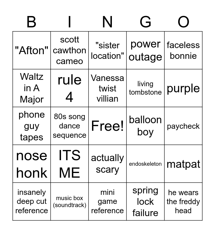 fnaf Bingo Card