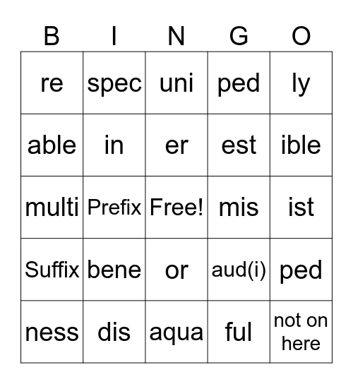Suffix and Prefix Bingo Card