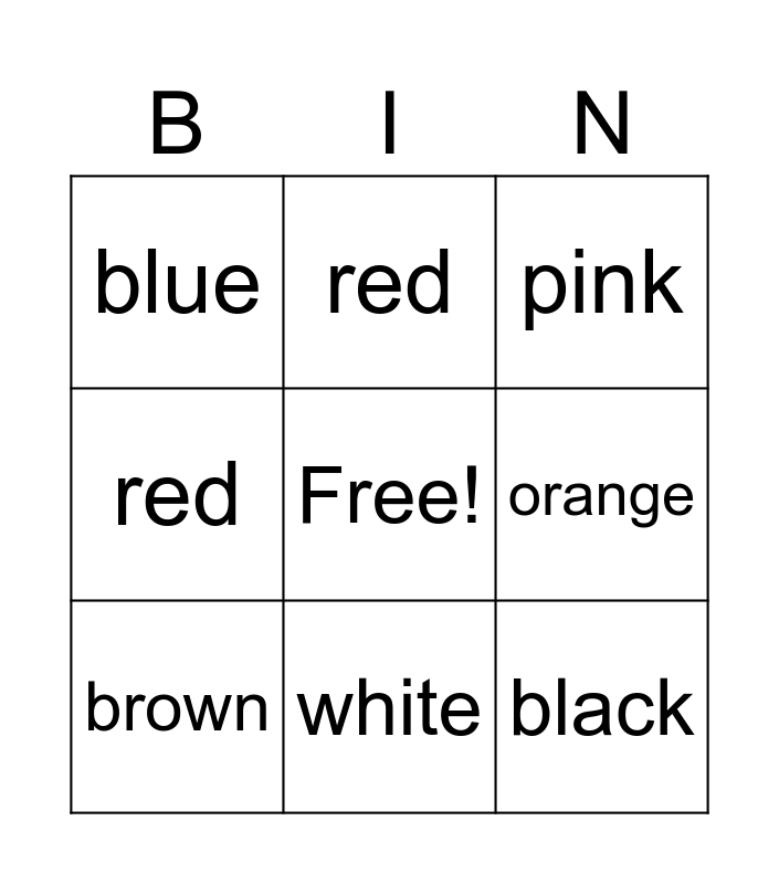 Colours Bingo Card