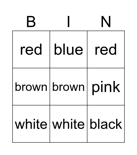 Colours Bingo Card