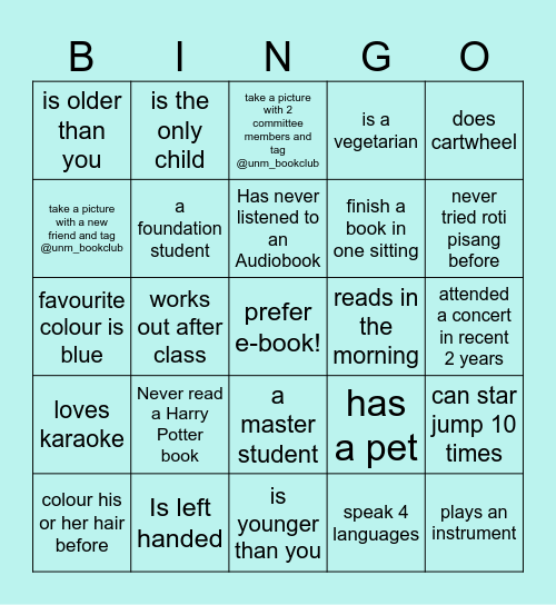 Book Club Induction Night 2023 Bingo Card