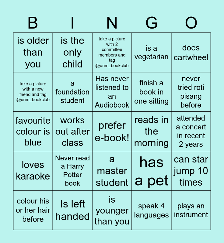 Book Club Induction Night 2023 Bingo Card