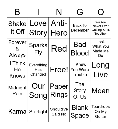 Taylor Swift Bingo Card