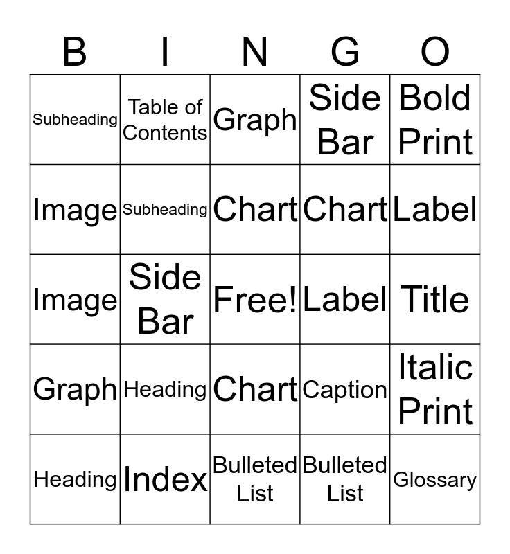 Text Features Bingo Card