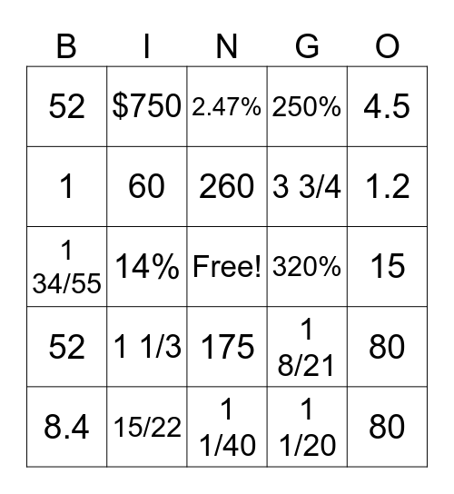 Percent of a Number Bingo Card