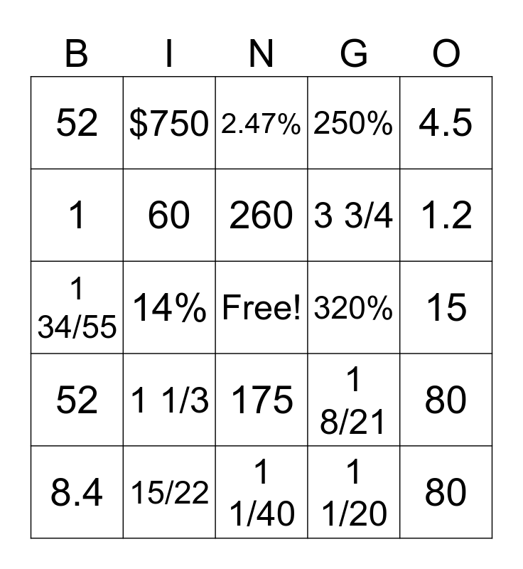 Percent of a Number Bingo Card