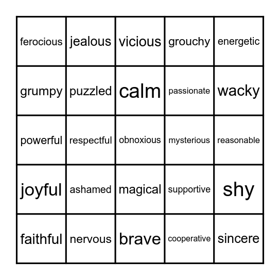 Character Trait Bingo Card