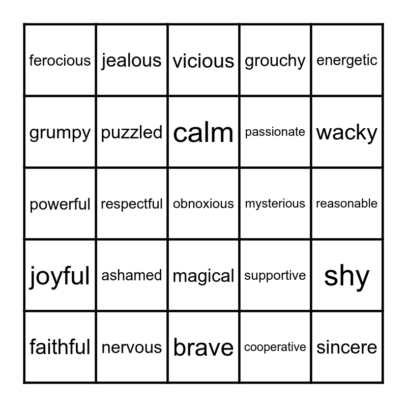 Character Trait Bingo Card