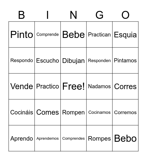 Present Tense Verb Conjugations Bingo Card