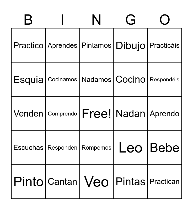 AR/ER Present Tense Verb Conjugations Bingo Card