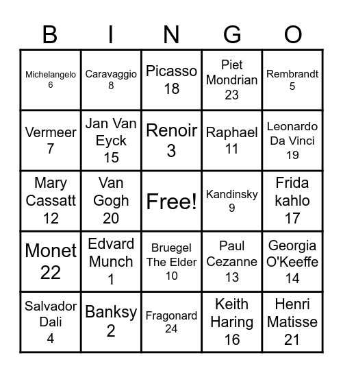 Art History Bingo Card