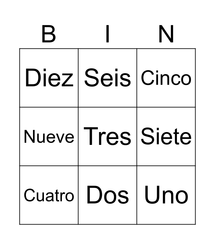 Spanish numbers Bingo Card