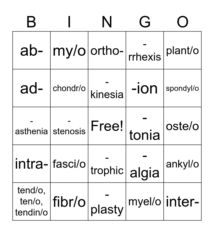 Skeletal & Muscular Word Parts Bingo Card