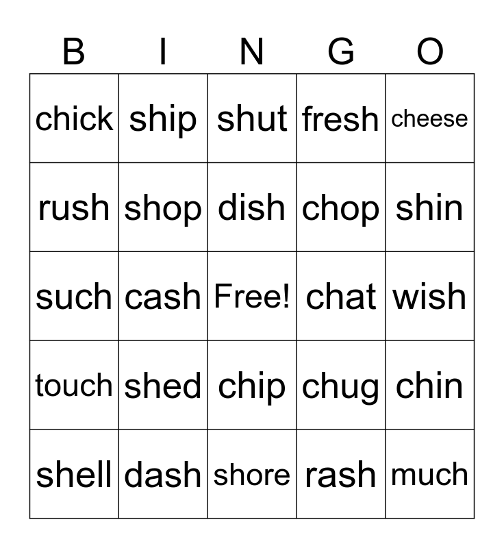 sh and ch BINGO Card