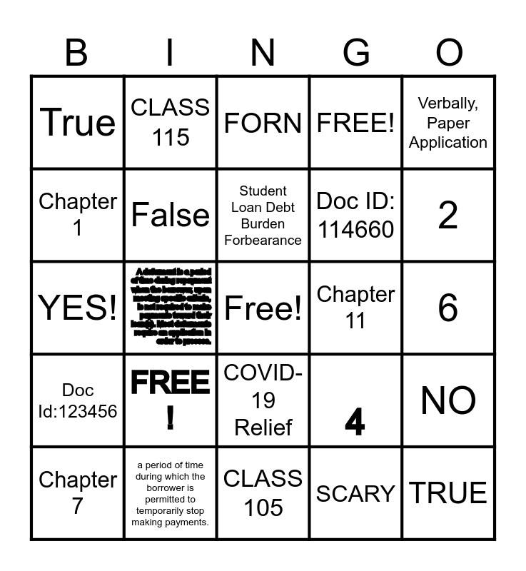 FORBEARANCE Bingo Card