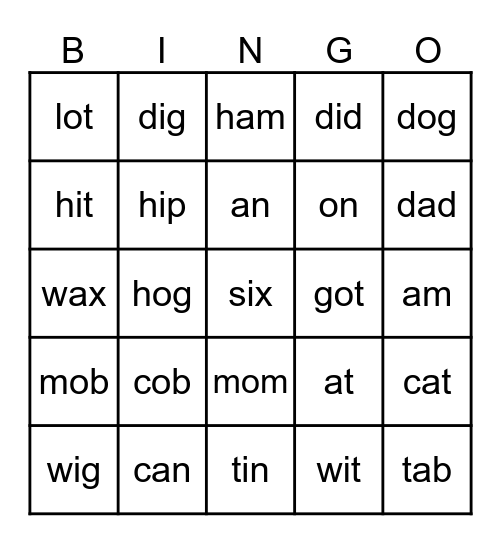 Lesson 38a: short a, i, o review Bingo Card