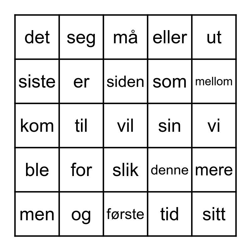 HØYFREKVENTE ORD 1 Bingo Card