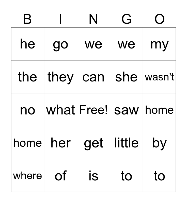 Sight Word Bingo Card