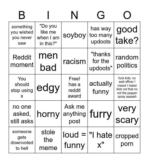 Reddit bingo Card