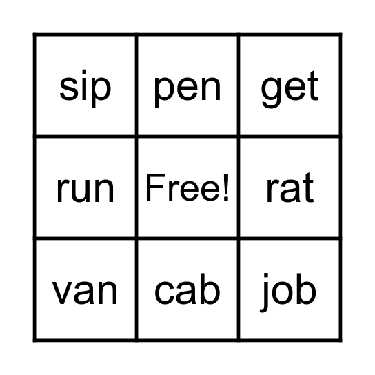 CVC Words Bingo Card
