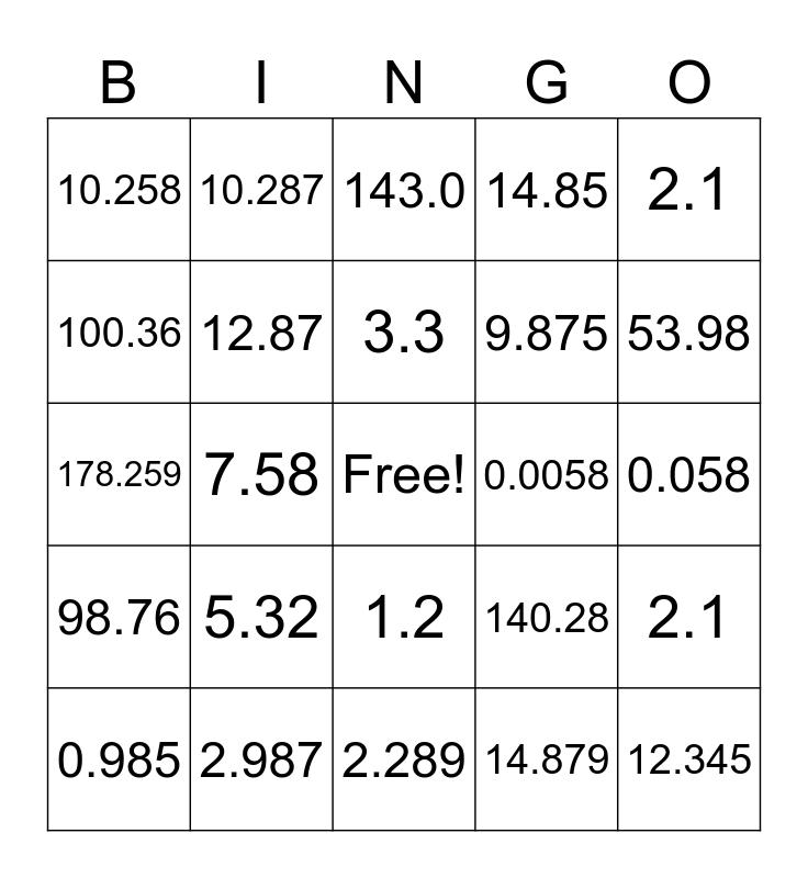 Decimal Review Bingo Card