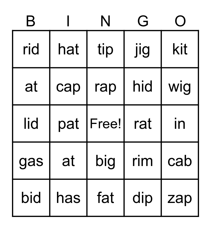 Short a and Short i Words Bingo Card