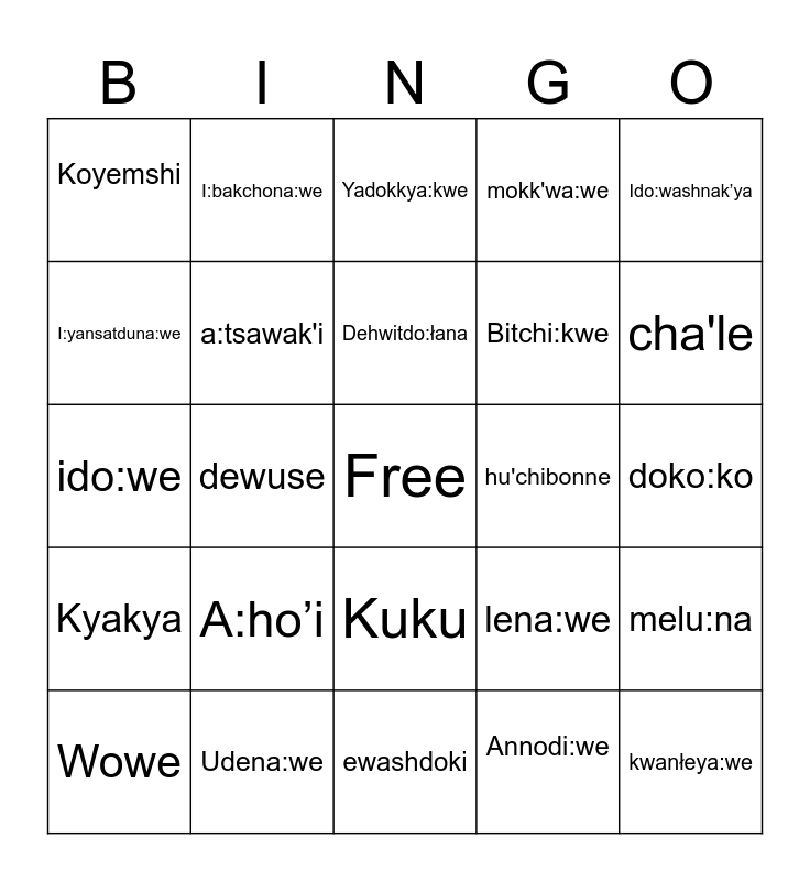 Koyemshi i:bakchona:wa Bingo Card
