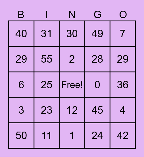Number Bingo Card