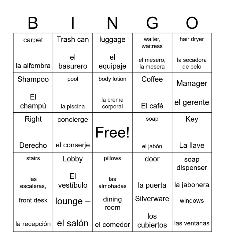 Marriott's Bilingual Bingo Card