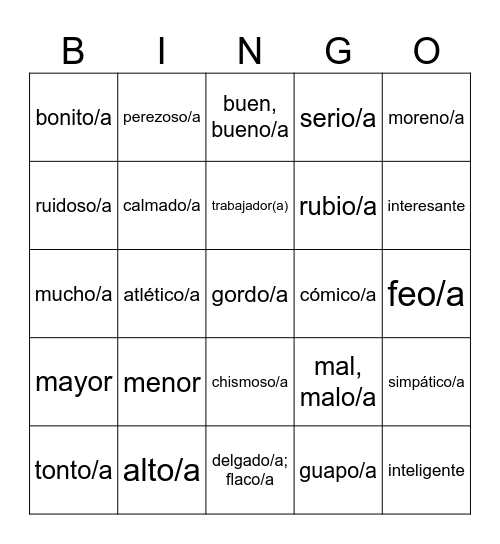 Descriptive Adjectives Bingo Card